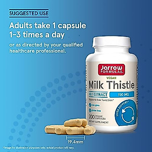Jarrow Formulas Milk Thistle 150 mg With 30:1 Standardized Silymarin Extract, Dietary Supplement for Liver Function Support, 200 Veggie Capsules, 66-200 Day Supply