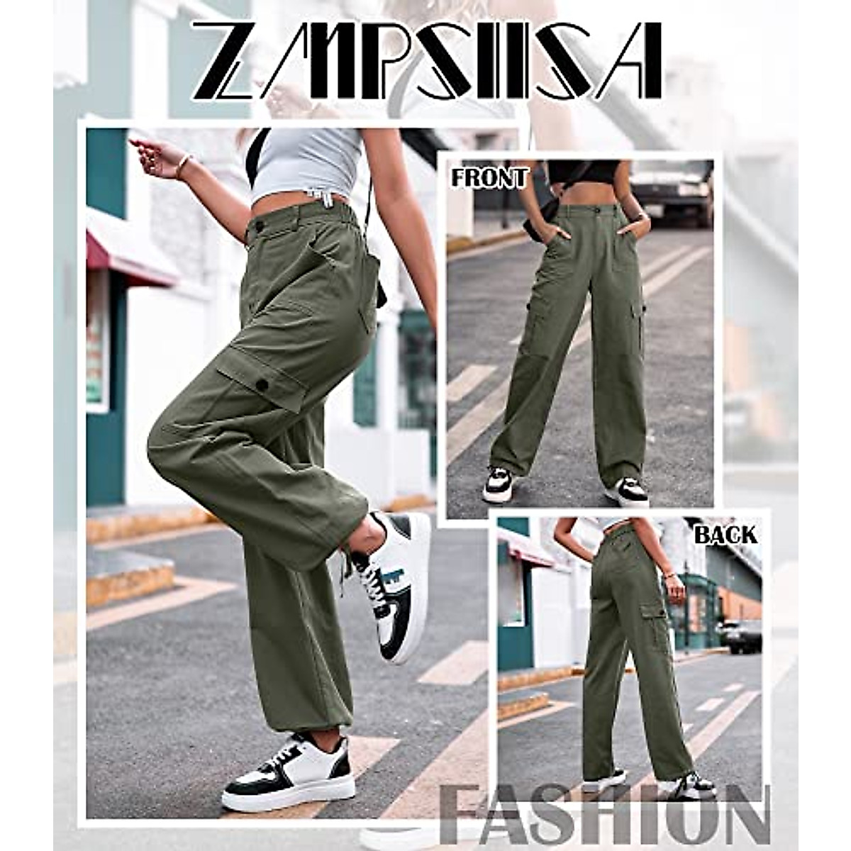 ZMPSIISA Women High Waisted Cargo Pants Wide Leg Casual Pants 6 Pockets Combat Military Trousers(Green,Medium)