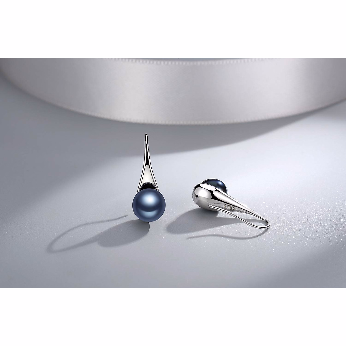 Pearl Earrings For Women, 925 Sterling Silver Freshwater Cultured Pearl Drop Dangle Hook Earring Jewelry (Classic White Gold Plated Sterling Silver Dark Blue Pearl, 0.31-0.33 inches)