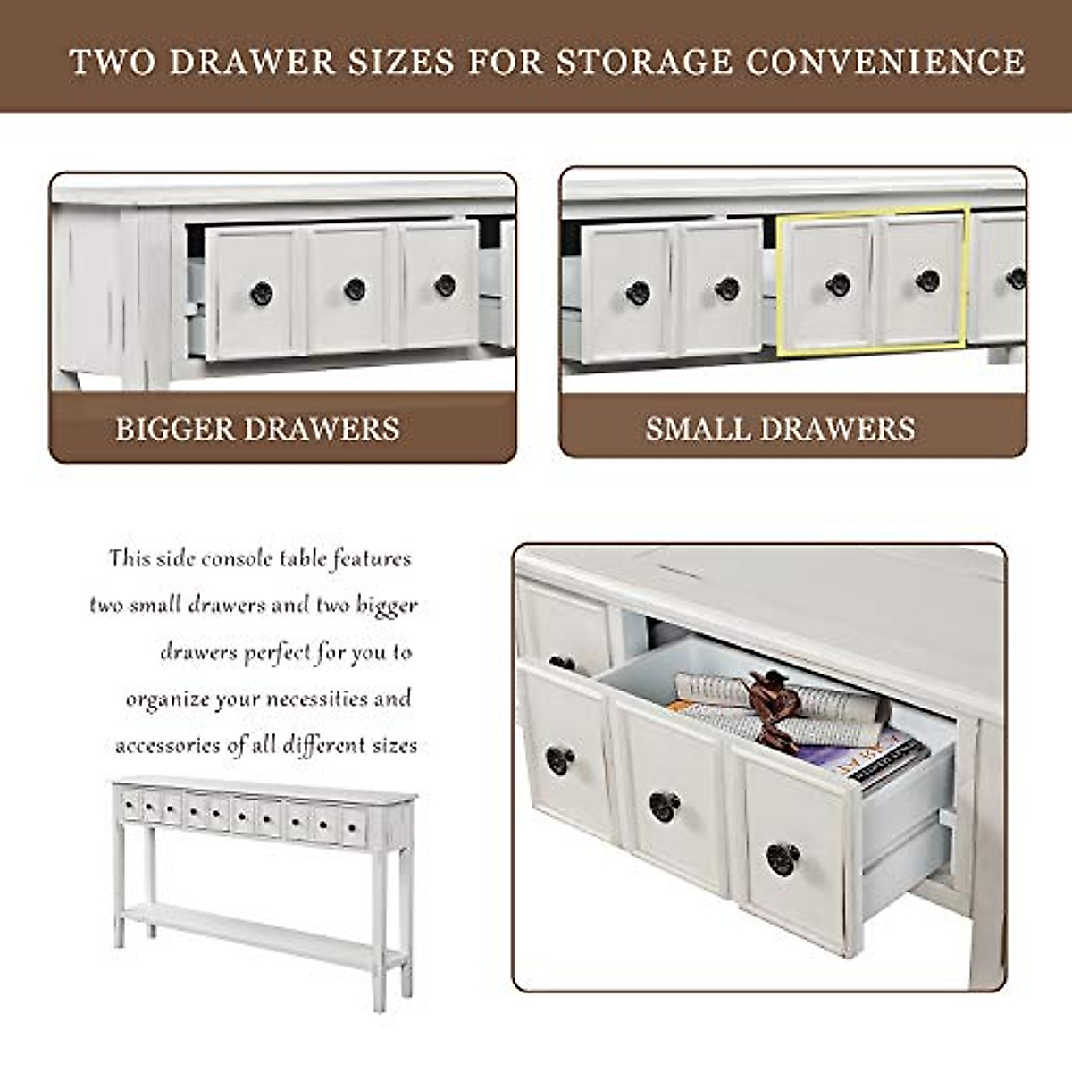 P PURLOVE Console Table Rustic Entryway Table 60" Long Sofa Table with 4 Drawers in Two Different Size and Bottom Shelf for Storage (Antique White)