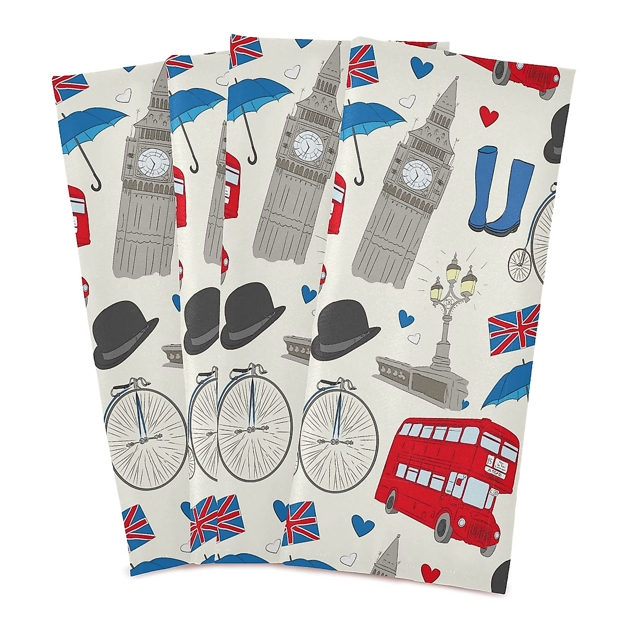 ALAZA Cartoon Big Ben Bus British Flag Kitchen Towels Dish Bar Tea Towel Dishcloths Set of 4 Super Absorbent Soft 18 x 28 inches