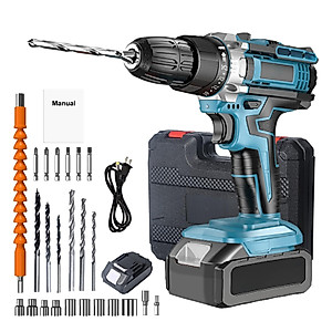 DEWIN Cordless Power Drill Set, 21V Electric Drill with Battery and Charger, 2 Variable Speed, 24 piece tool Portable Drill With tool box blue
