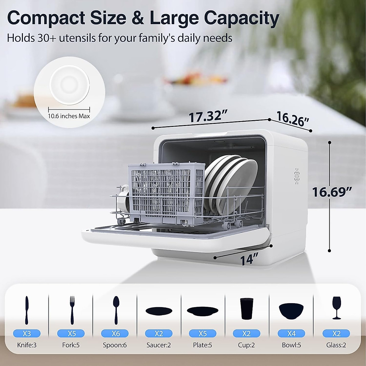 AGLUCKY Countertop Dishwasher, Portable Dishwashers with 6 Programs, 24H Timing, Air-Drying, 360° Deep Cleaning, Mini Dishwashers for Apartments, Dorms & Kitchenettes