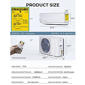 SIMOE 12000BTU Mini Split Air Conditioner and Heater, 115V 20 SEER2 Ductless AC Unit with 1 Ton Heat Pump & Ductless Inverter System, Energy Efficient Unit Rooms up to 750 Sq.Ft