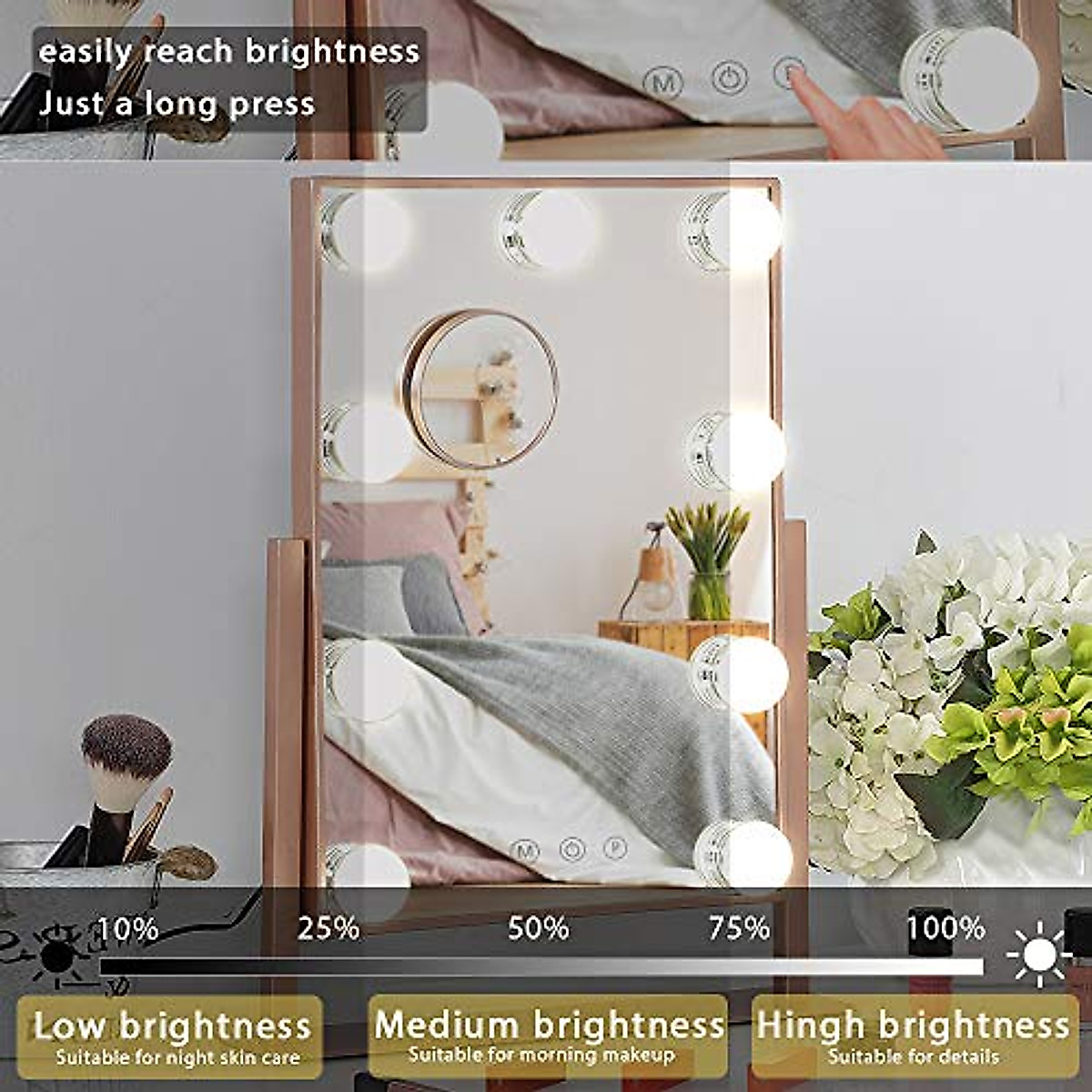 FENCHILIN Hollywood Mirror with Light Large Lighted Makeup Mirror Vanity Makeup Mirror Smart Touch Control 3Colors Dimable Light Detachable 10X Magnification 360°Rotation (Rose Gold)