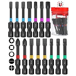 SuSuMu Impact Ready Magnetic Screwdriver Bits Set Stronger Magnet Screw Drill Bit 15PCS Anti Slip Torx Square Slotted Hex Head Phillips 2 Inch Long Drill Tips for Impact Driver Cordless Drill