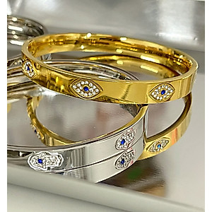 My Daily Styles Stainless Steel White Blue CZ Hamsa Good Luck Bangle Bracelet, 7.5" (White/Evil Eye)