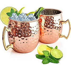 Moscow Mule Mugs | Large Size 19 ounces | Set of 2 Hammered Cups | Stainless Steel Lining | Pure Copper Plating | Gold Brass Handles | Christmas Gift Set