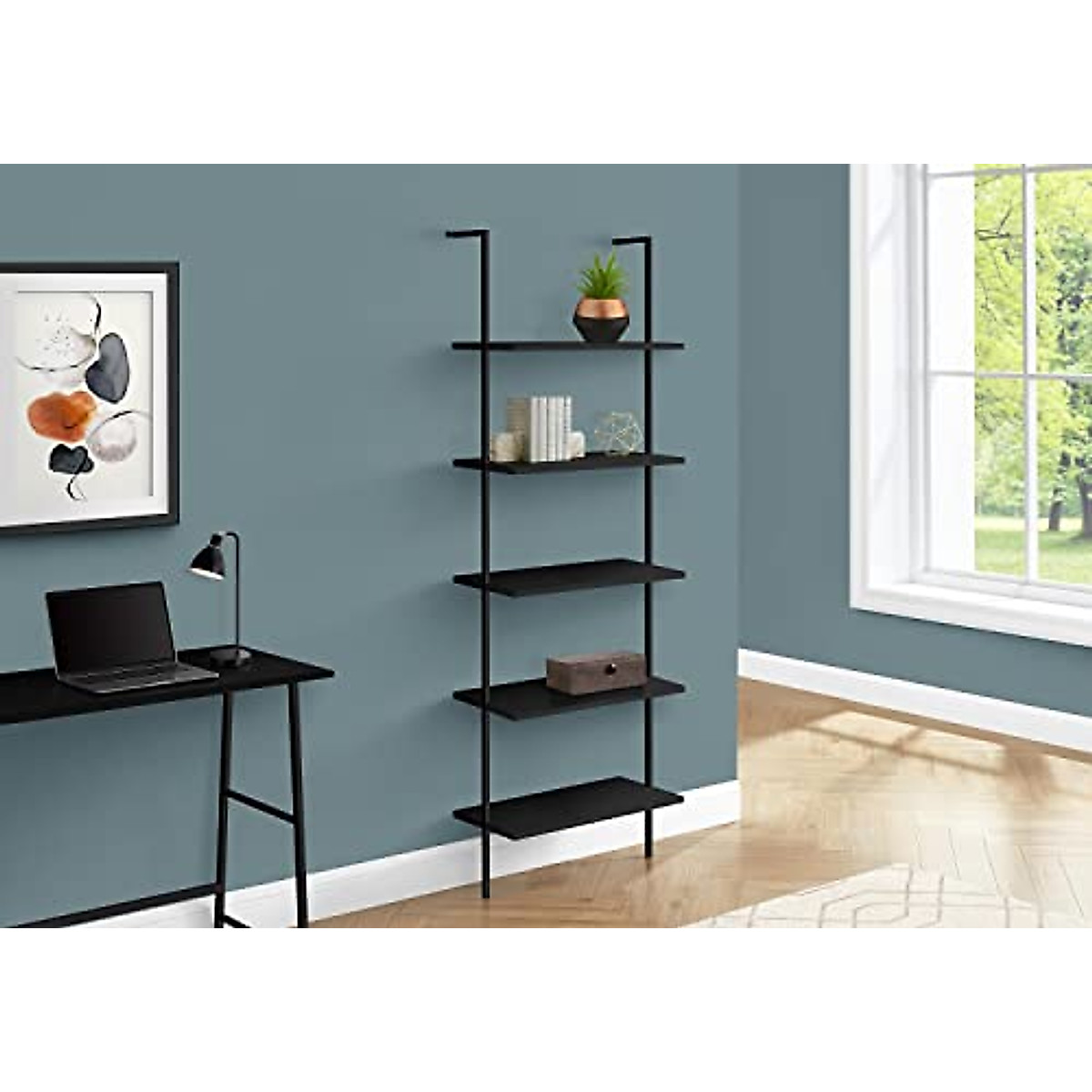 Monarch Specialties I 3683 Bookshelf, Bookcase, Etagere, Ladder, 5 Tier, 72" H, Office, Bedroom, Metal, Laminate, Black, Contemporary, Modern
