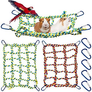 2 Pieces Rat Cage Accessories Rat Toys Climbing Bird Rope Net Pet Hanging Hammock for Hamster, Mice, Parrot, Bird, Sugar Glider Habitat Decor and Play(11 x 7.8 Inch,Red, Yellow)