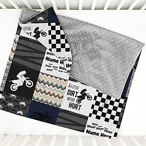 Personalized Motocross Dirt Bike Minky Baby Blankets with Name, Custom Motorcycle Blanket for Boys Kids - Neutral Motocross Baby Plaid Blanket for Infant Newborn