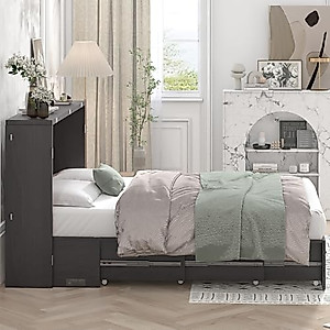 Mjkone Murphy Bed Cabinet Queen with Foldable High Elasticity Mattress, Cube Cabinet Bed with USB Charging Station, Solid Wood Chest Bed for Bedroom Guest Room Office (Gray, Cabinet Bed A)