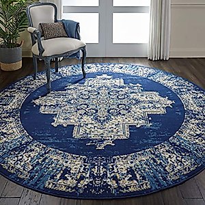 Nourison Grafix Persian Navy Blue 8' x ROUND Area Rug, Easy -Cleaning, Non Shedding, Bed Room, Living Room, Dining Room, Kitchen (8 Round)