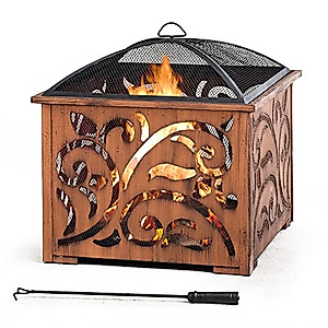 Sunjoy 26 in. Fire Pit for Outside, Patio Square Wood Burning Extra Deep Firepits with Spark Screen and Poker, Copper