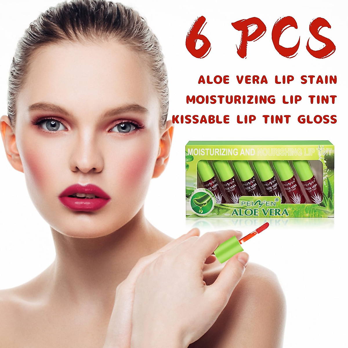 6 Pcs Aloe Vera Lip Stain Set, Watery Lip Tint Stain Mini Liquid Matte Lipstick, Multi-uses Lip Cheek Tint, Natural Plump Lip Gloss, Vivid Lip Makeup - Lightweight Non-Sticky, Long lasting (3 Colors)