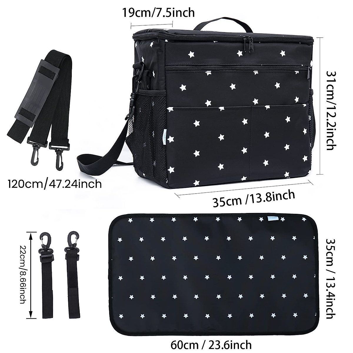 Orzbow XL Stroller Organizer With Diaper Changing Pad, Waterproof Large Baby Diaper Bag, Stroller Caddy Organizer with Cup Holder & Shoulder Strap Used As Mom Handbag & Shoulder Bags & Backpack, Black