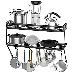 ChefHachiro Kitchen Pot Rack, Heavy Duty Wall Mount Pots and Pans Organizer, 2-Tier Wall Shelves with 12 S Hooks for Kitchen Cookware Utensils