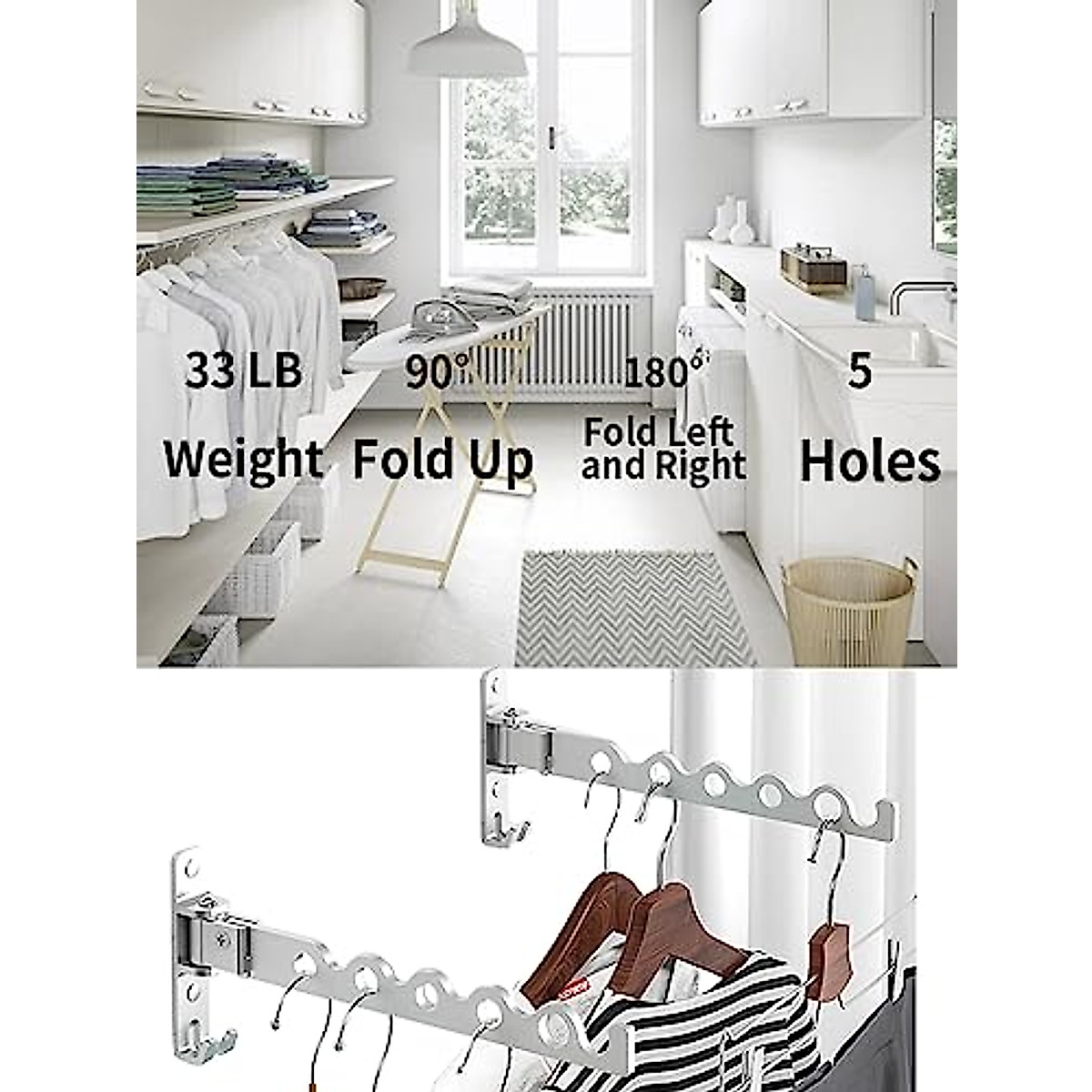Dr.DJ Wall Hanger for Clothes, Coat Hanger Wall Mounted Silver Retractable Clothes Drying Organizer Rack Garment Hooks Aluminium Folding Indoor Wall Wall Hanger Space Save (2 Racks)