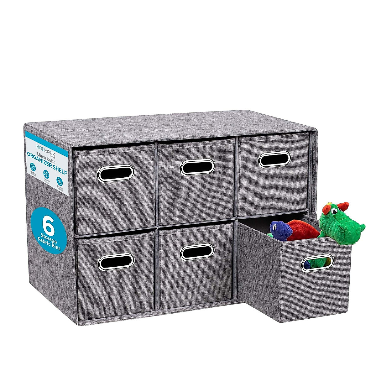 BIRDROCK HOME Linen Cube Organizer Shelf w/ 6 Storage Fabric Bins - Foldable & Durable - Toys, Clothes, Towels - Collapsible Cubby for Kids Room, Dorm, Closet, Bedroom - Large Shelving Cubbies - Grey