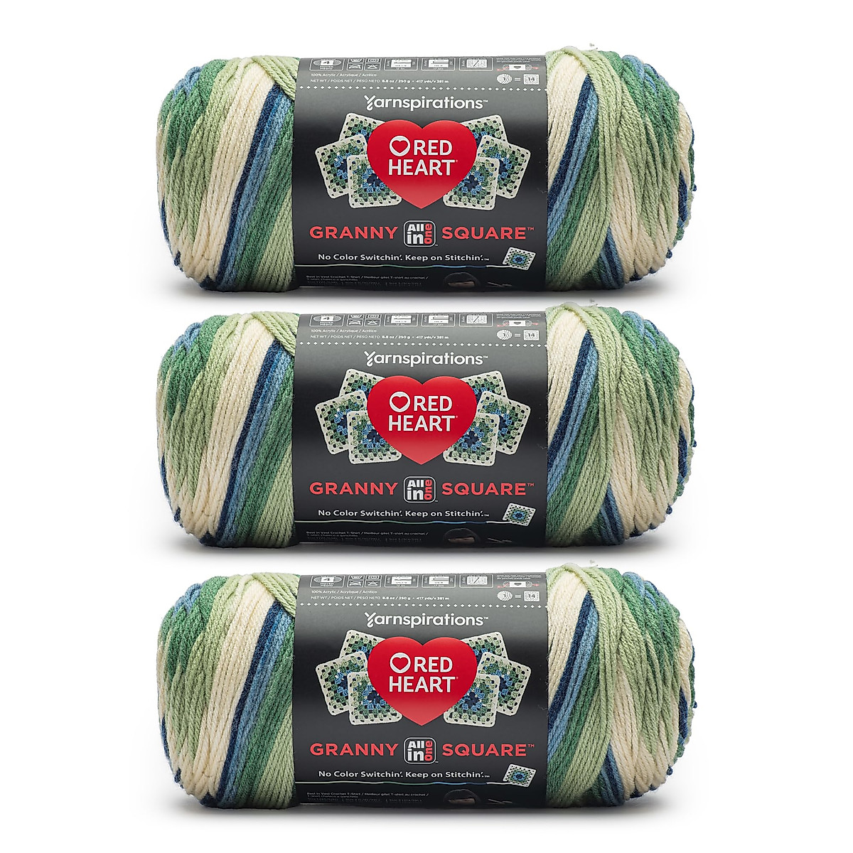 Red Heart All in One Granny Square Aran - Lily PAD Yarn - 3 Pack of 250g/8.8oz - 100% Acrylic - #4 Worsted (Medium) - 381m/417Yards - for Knitting, Crochet and Amigurumi