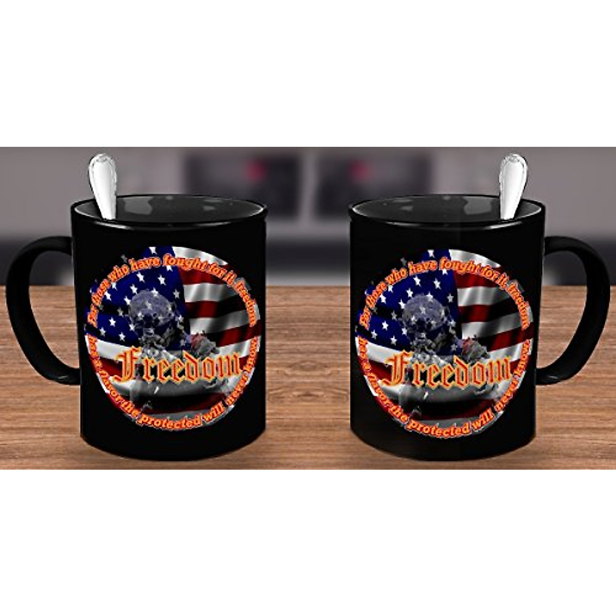 Vitazi Kitchenware Novelty Gifts - Patriotic Mug (15oz) For Those Who Have Fought For It, Freedom Has a Flavor The Protected Will Never Know, With Image Ceramic Coffee Cup (Black)