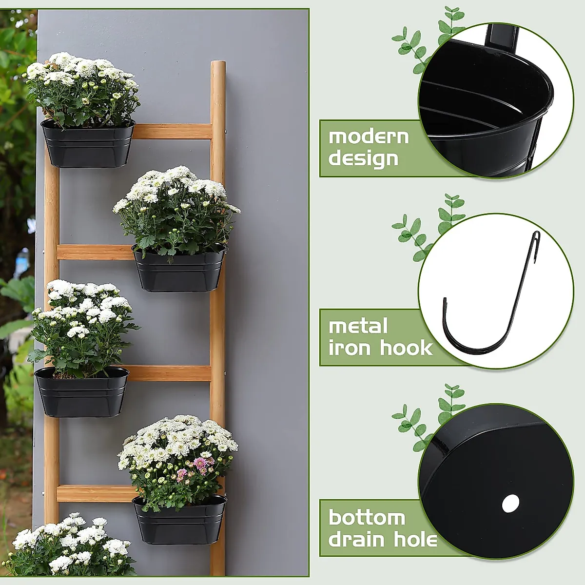 Zubebe 20 Pack Metal Iron Hanging Flower Holders Balcony Railing Planters Bucket Flower Pots with Detachable Hook Large Hanging Planters Rustic Herb Railing Planter for Indoor Outdoor Garden (Black)