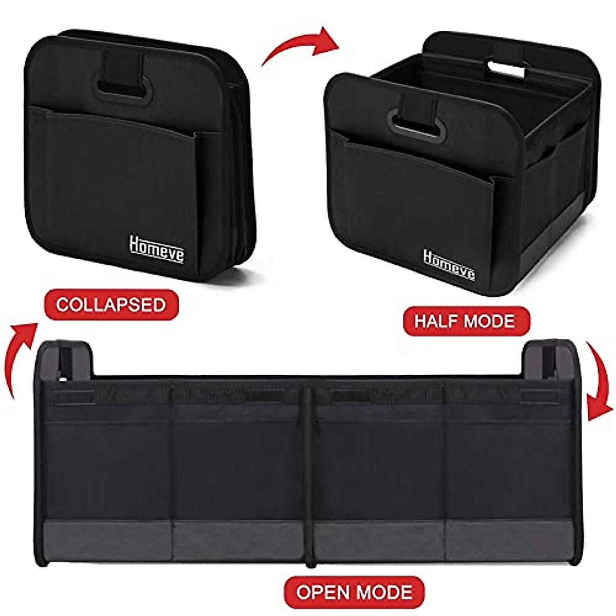 Homeve Trunk Organizer for Car, Car Storage, Reinforced Handles, Collapsible Multi-Compartment Car Organizers Foldable and Waterproof, 600D Oxford Polyester, Suitable for Any Car, SUV, Mini-Van, Black