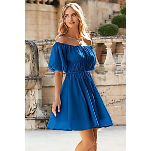 PRETTYGARDEN Women's Off The Shoulder Babydoll Dress Short Puff Sleeve Casual A Line Ruffle Summer Dresses (Solid Blue,X-Large)