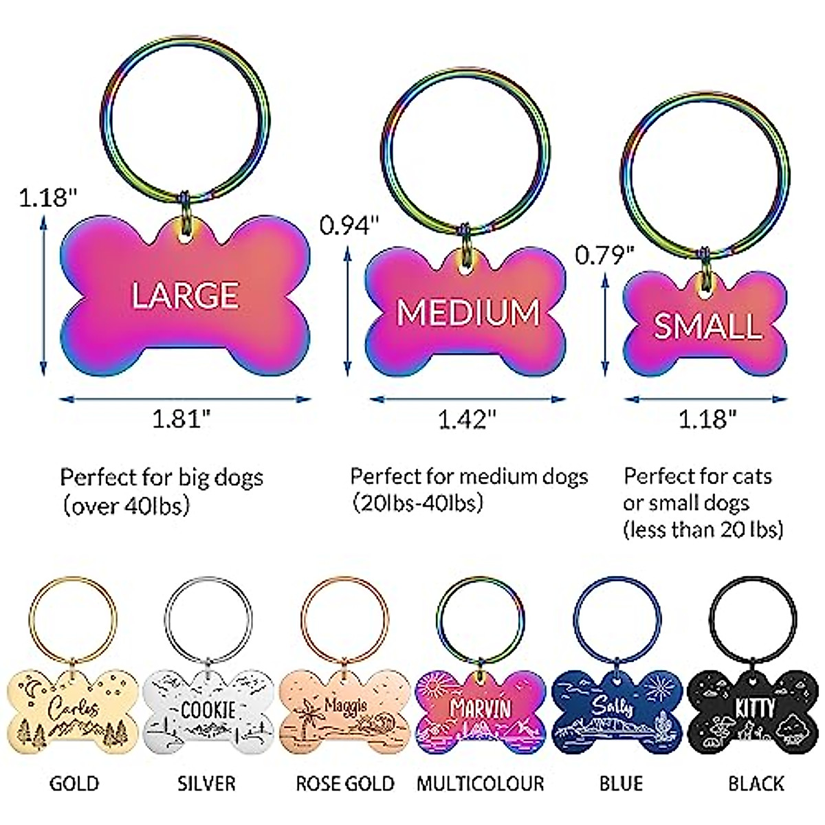 Atdesk Stainless Steel Pet ID Tag, Custom Dog Tag for Pets Engraved Name, Address & Phone Number, Personalized Dog Tags and Cat Tags, Dog ID Tag for Dogs, Dog Bone Tag(S Multi)