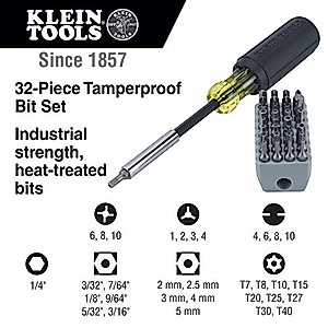 Klein Tools 32510 Magnetic Multibit Screwdriver with Sturdy Torx, Hex, Spanner, Tri-Wing, Torq and Nut Tamperproof Bits and Storage Block