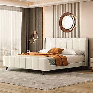 Prohon Upholstered Platform Bed with Tufted Headboard and Soft Wingback, Queen Size Bed Frame No Box Spring Needed, Velvet Bedframe w/Wood Slat Mattress Foundation, Beige