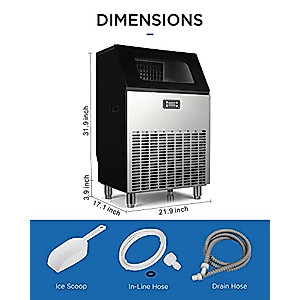 ADT Ice Machine Stainless Steel Under Counter Freestanding Commercial Ice Maker Machine for Home/Kitchen/Office/Restaurant/Bar/Coffee (200LB, Single-Water Inlet)