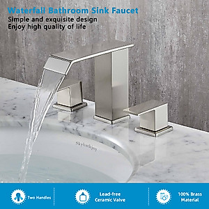 Skybathjoy Bathroom Faucet 3 Holes 8 Inch Two Handles Lavatory Vanity Sink Faucet Widespread Bathroom Sink Faucet, Waterfall Bathroom Sink Faucet with Pop up Drain&Supply Hoses