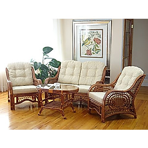 Malibu Lounge Living Accent Armchair Natural Rattan Wicker Handmade Design with Cream Cushion, Colonial