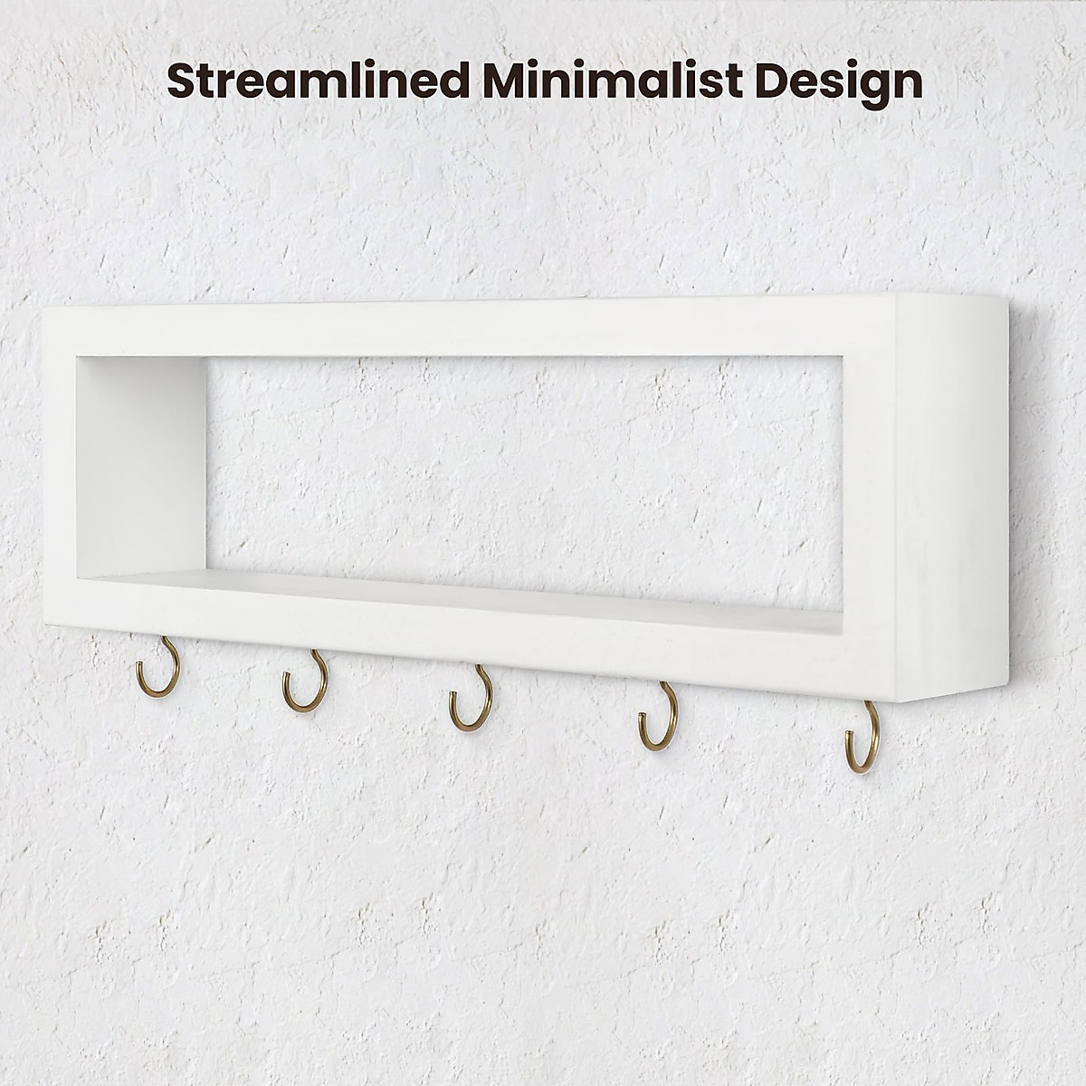 Lwenki Wall Shelf with Hooks - Decorative Key and Wallet Holder for Wall Holds Sunglasses, Leashes, Scarves and Lanyards - 15.7" x 5.1" x 2.9" Entryway Organizer Made of Paulownia Wood (White)