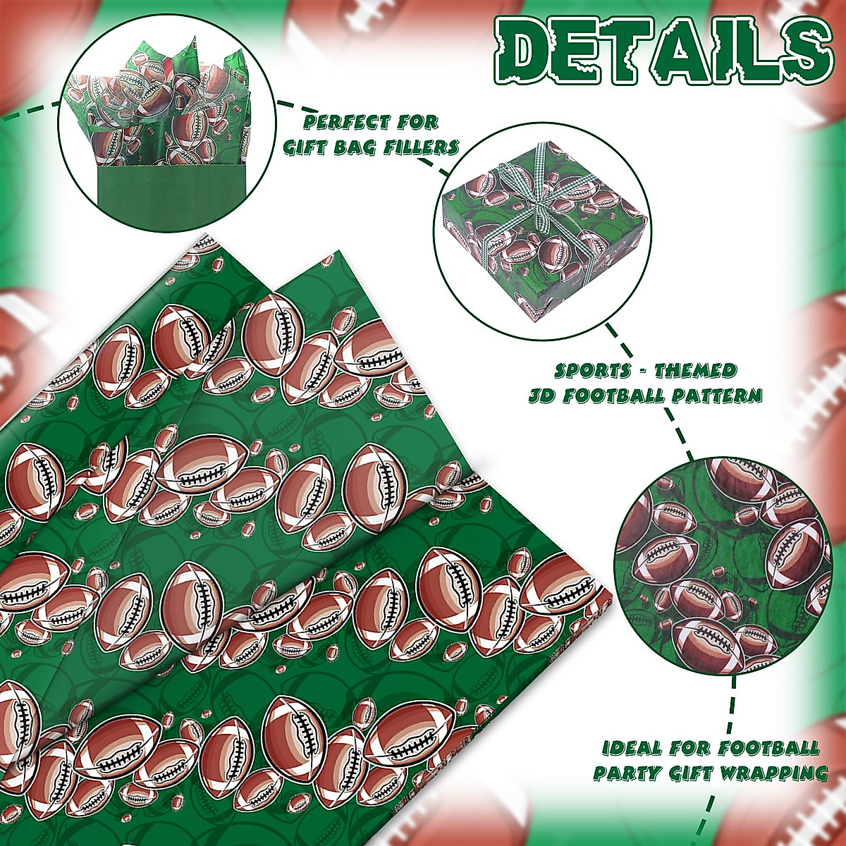 100 Sheets Football Pattern Tissue Paper, 20x14in Green Brown Football Art Tissue Paper for Sports Themed Party Gift Wrapping Thanksgiving Day Party Decor Gift Bag Fillers