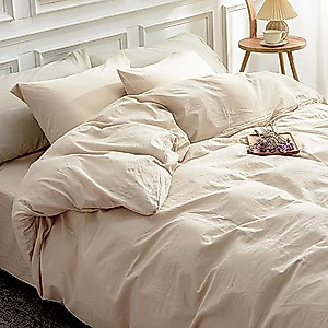 NEXHOME PRO Duvet Cover Set Queen Size Linen Feel Textured Organic Natural 100% Washed Cotton Duvet Cover Beige Cream 3 Pieces Bedding Set with Zipper Closure, Breathable, Soft (No Comforter)