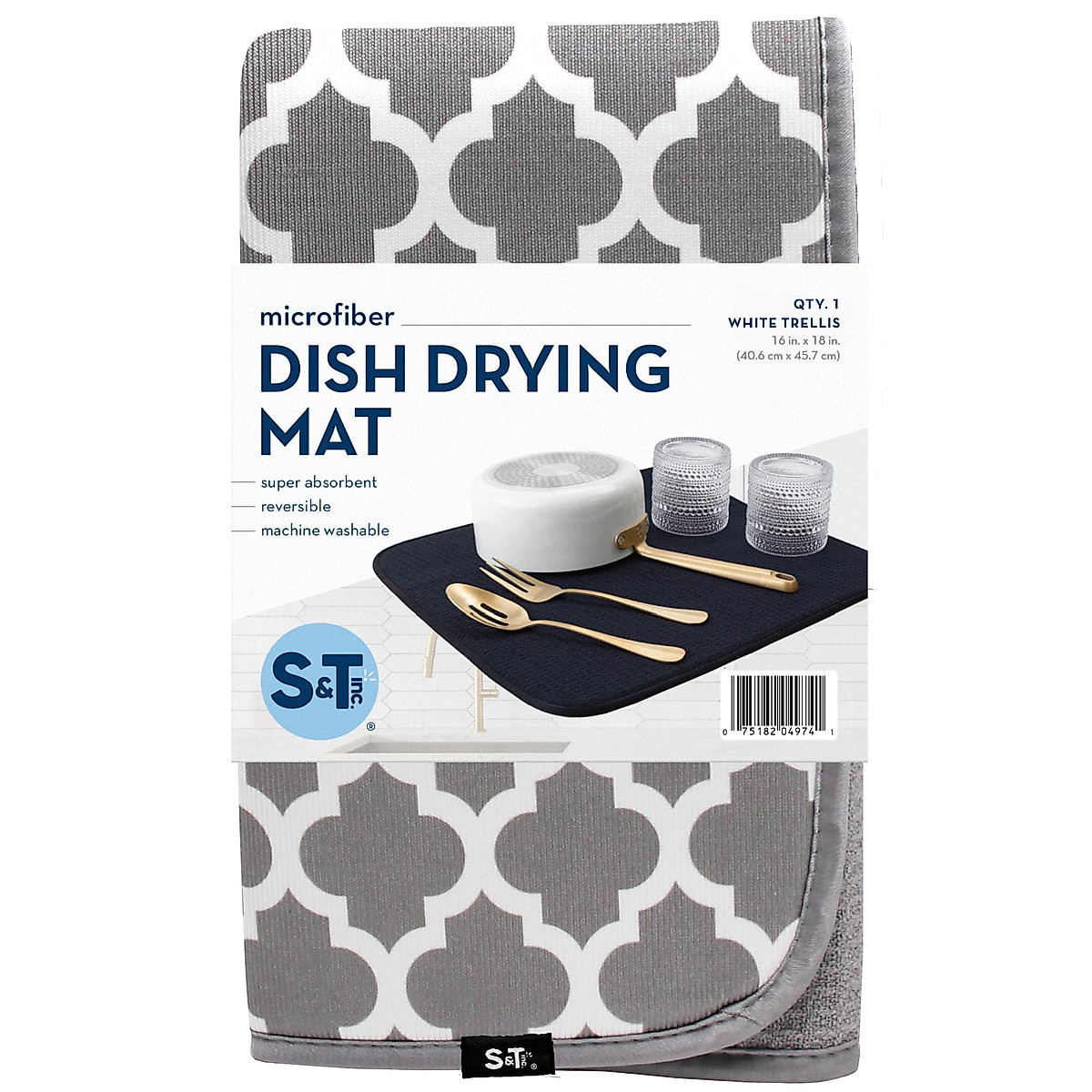 S&T INC. Absorbent, Reversible Microfiber Dish Drying Mat for Kitchen, 16 Inch x 18 Inch, White Trellis