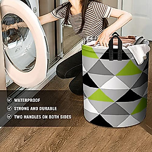 Waterproof Foldable Laundry Hamper with Handles Lime Green Black White Triangles On Light Gray Round Dirty Clothes Laundry Basket Storage Bin Organizer for Toy Collection