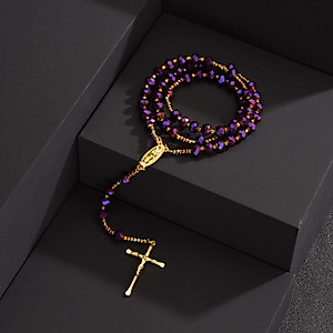 SALOMOCA Rosary Bead Necklace Purple Crystal Beads Christ Catholic Necklaces with Holy Mary Medal and Jesus Crucifix Cross Religious Jewelry in Velvet Bag Fit for Women