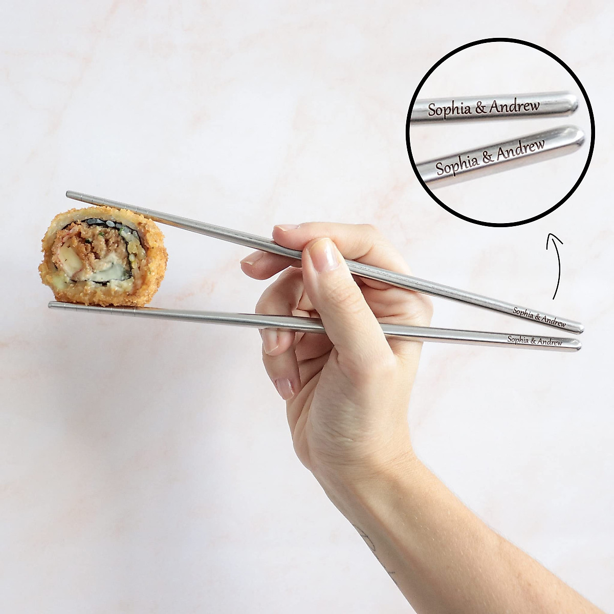 Set of custom reusable metal chopsticks engraved japanese stainless steel dinnerware utensils lot for new home, gifts, party favors, wedding goodie bags, engagements