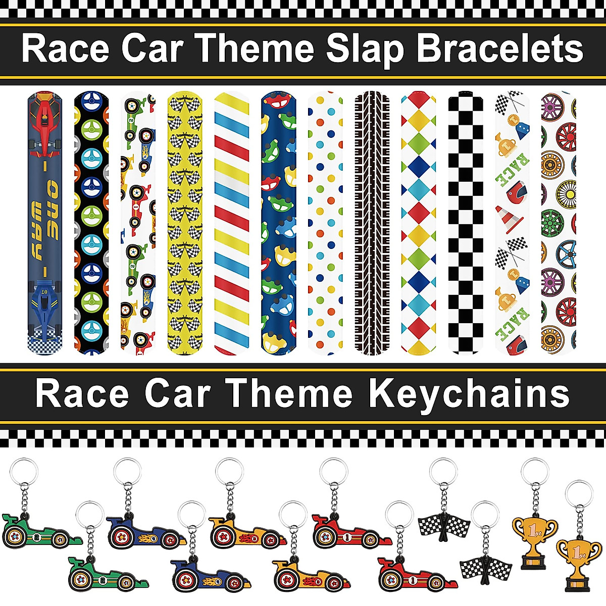 Erweicet Race Car Party Favors 84 PCS Mini Race Cars Keychains Slap Bracelet Stickers Straws Goody Treat Candy Bags for Kids Birthday Party Classroom Reward