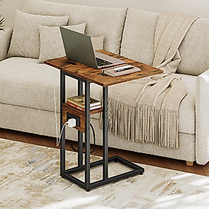 HOOBRO Foldable End Table, C Shaped Side Table with Charging Station, Sofa Couch Table That Slide Under for Living Room Bedroom Small Spaces, Easy Assembly, Rustic Brown and Black BF29USF01
