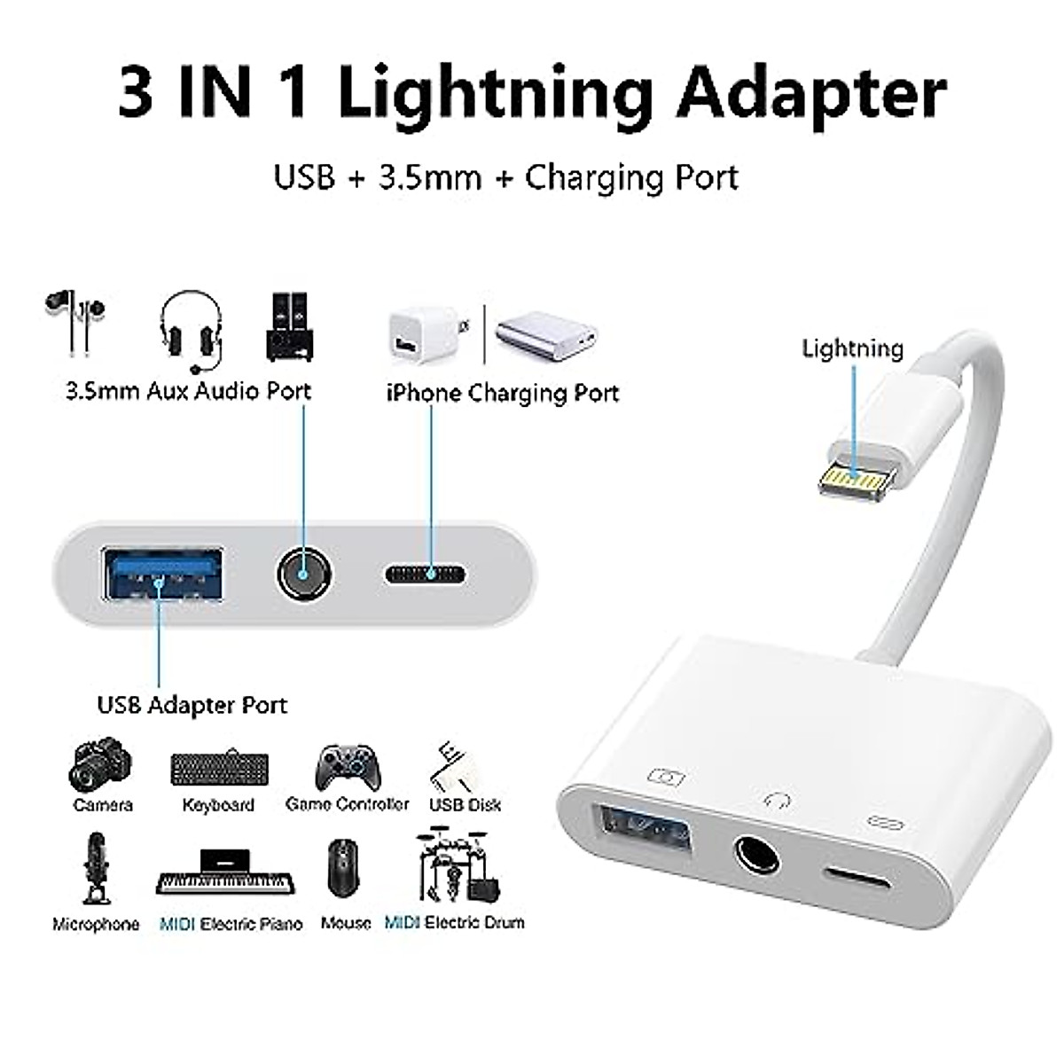 USB + 3.5mm AUX Adapter for iPhone/iPad, USB Camera Adapter and 3.5mm Headphone Audio Jack Adapter with iPhone Charger Splitter, 3 in 1 USB OTG Adapter for iPhone iPad,USB Flash Drive, Keyboard, Mouse