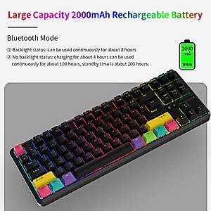 NACODEX K870T TKL Wired/Wireles RGB Mechanical Keyboard | Tenkeyless Bluetooth Keyboard with Volume Wheel Design | 10PCS Mixed Color Keycaps, Up to 3 Devices for Office Gaming (Blue Switch)