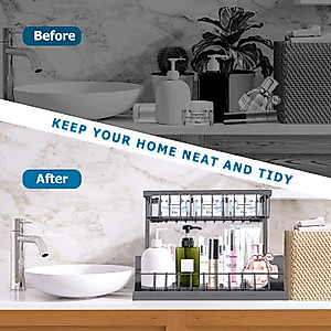 Metal Under Sink Kitchen Organizer with Cups and Hooks, 2 Tier L Shaped Rack Pull Out Under Sink Storage with Sliding Drawer, Multifunction Cabinet Organizer for Kitchen Bathroom Office Living Room