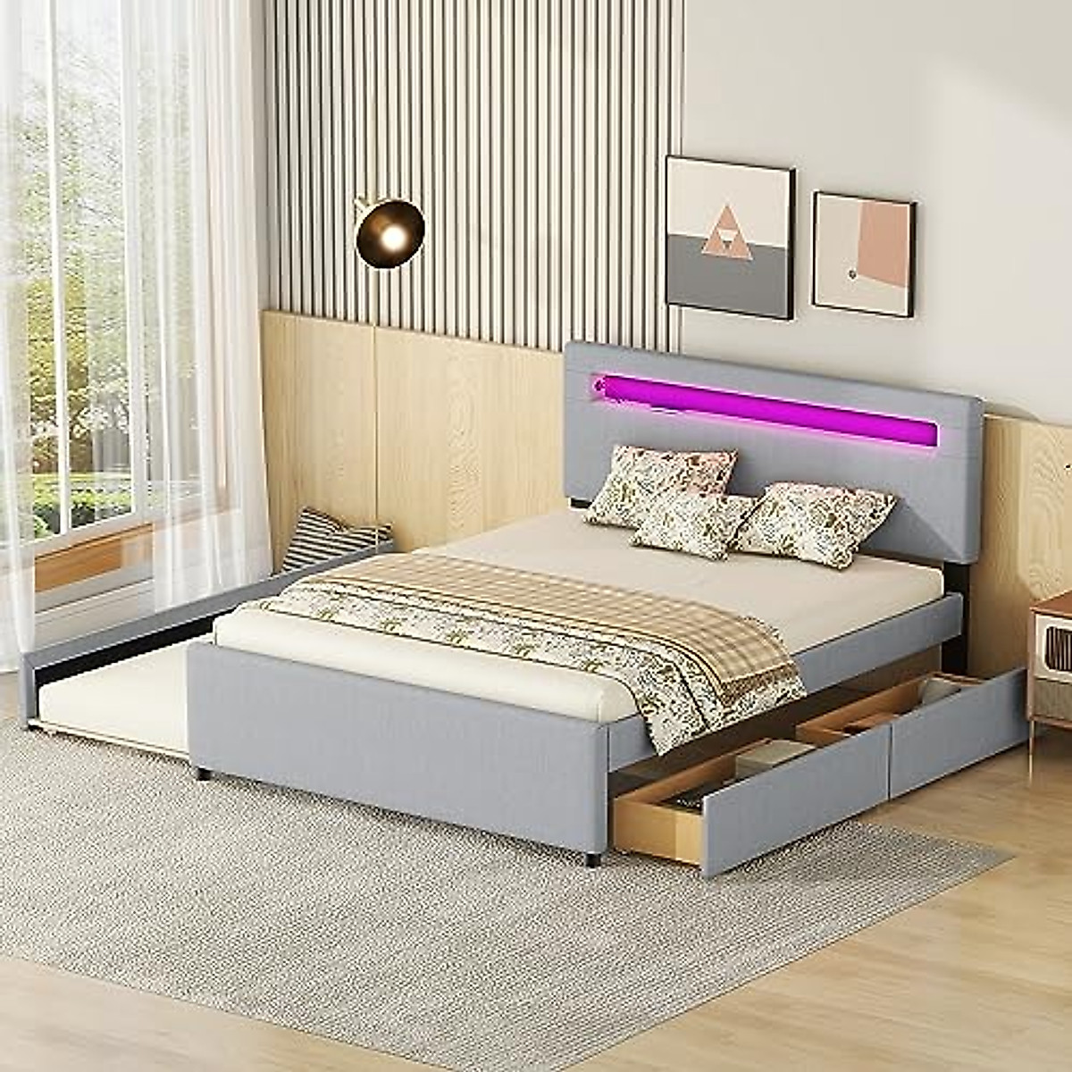 Prohon Bed Frame Queen Size with Twin Size Trundle, 2 Drawers, LED and USB Charging, Upholstered Storage Platform Bed, Large Storage Space Design w/Wooden Slat Support Mattresses Foundation, Gray