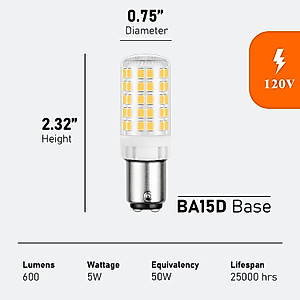 Maelsrlg BA15D LED Bulb, 50W Equivalent, 120 Volt, Soft White 2700K, Dimmable, Double Contact Bayonet Base, 5W 600 Lumen, 5-Pack