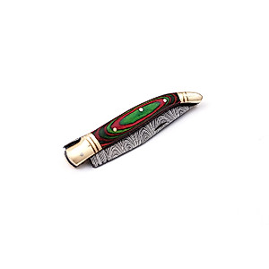 Damascus steel folding knife with leather sheath, 8.5 inches long laguiole pocket knife with 4 inches long Damascus steel Blade, 4.5 inches multi color wood scale with Brass bolster and pommel, Leather sheath included (Red Green)