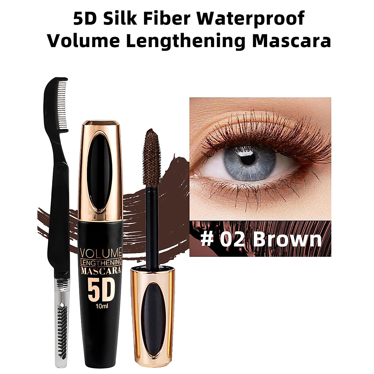 Brown Waterproof Mascara for Eyelashes,5D Silk Fiber Liquid Lash Extensions Colored Tubing Mascara with Eyelash Brush,Long Lasting Smudge-Proof Volume and Length,Christmas Party Makeup Gift for Women